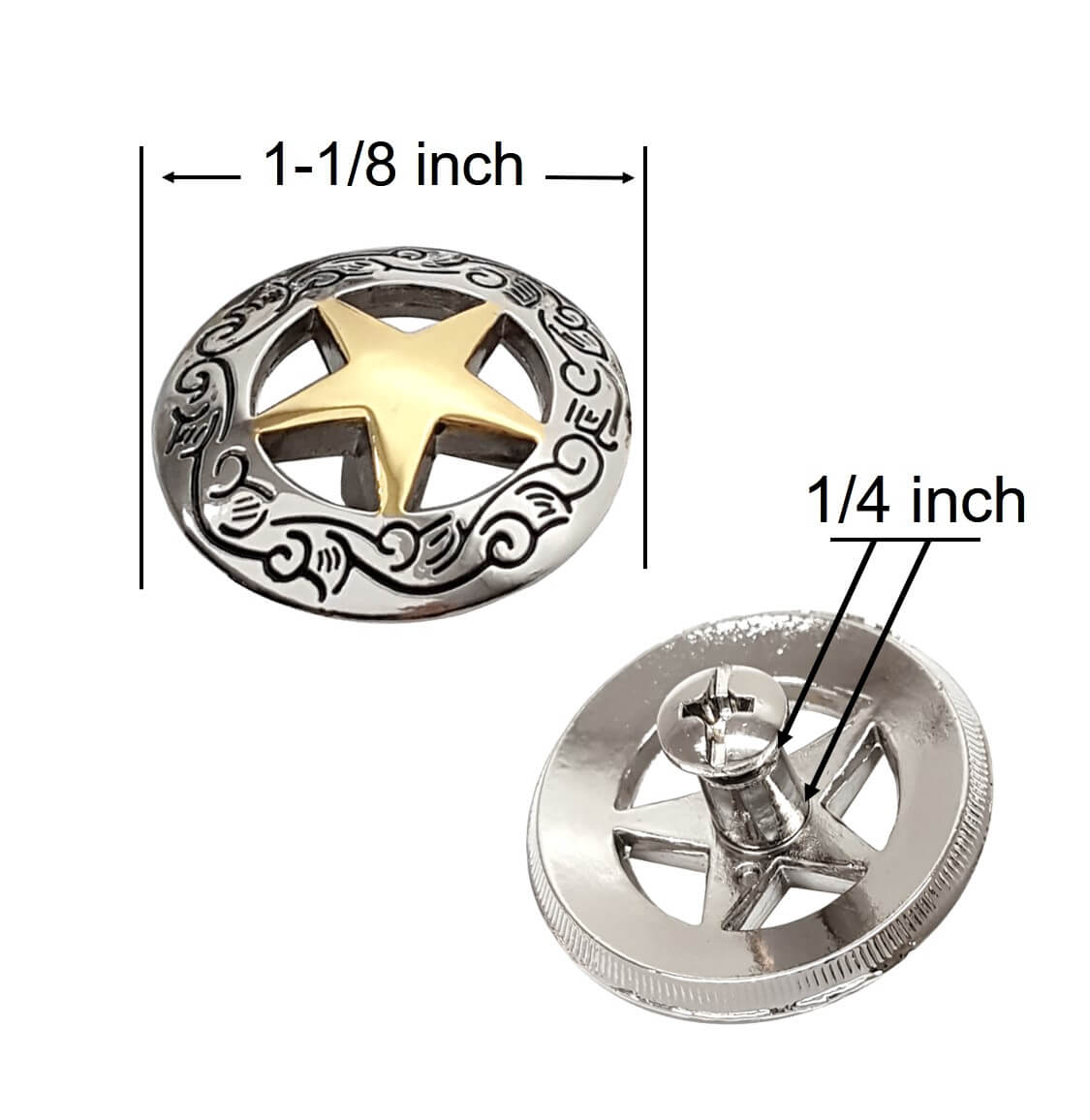 4 Pack Gold Star Western Conchos 1-1/8" Silver Engraved With 1/4 ...