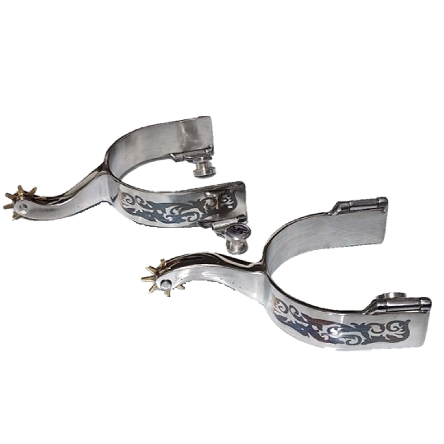 New Stainless Steel Engraved Adult Wide Spurs with Black Inlay and ...