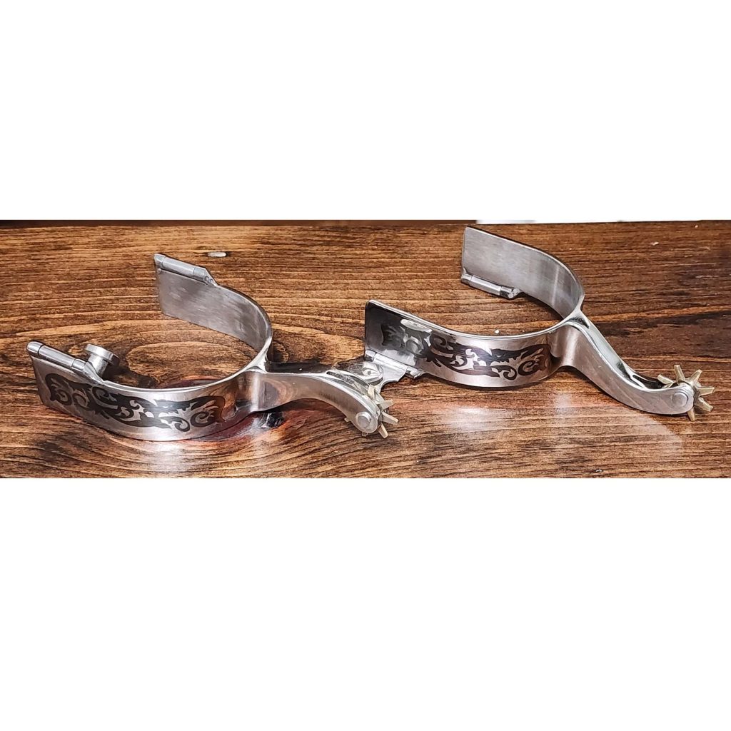 New Stainless Steel Engraved Adult Wide Spurs with Black Inlay and ...