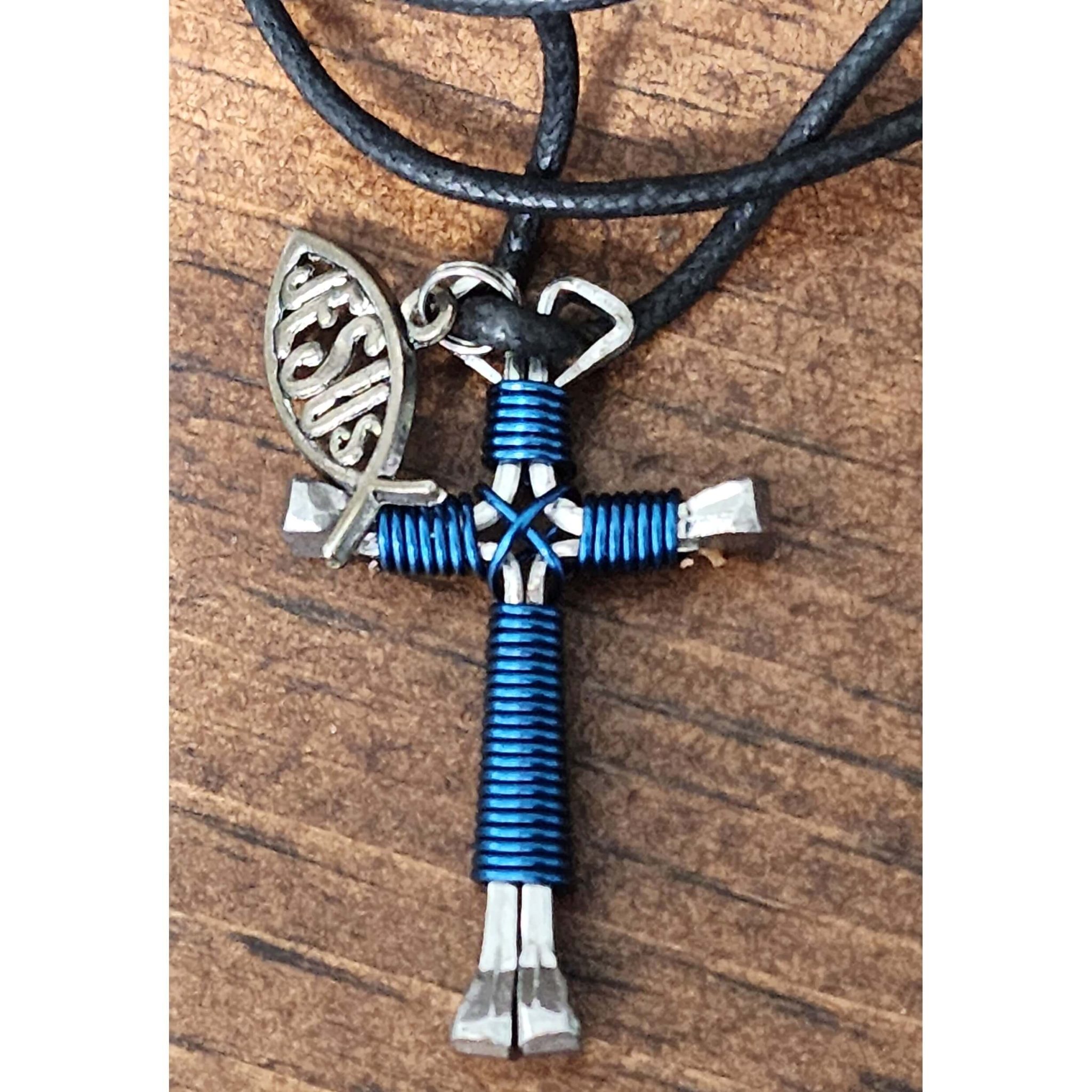 Navy Color Horseshoe Nail Cross w/Jesus Fish Charm ⋆ Saddles N Such | SMC