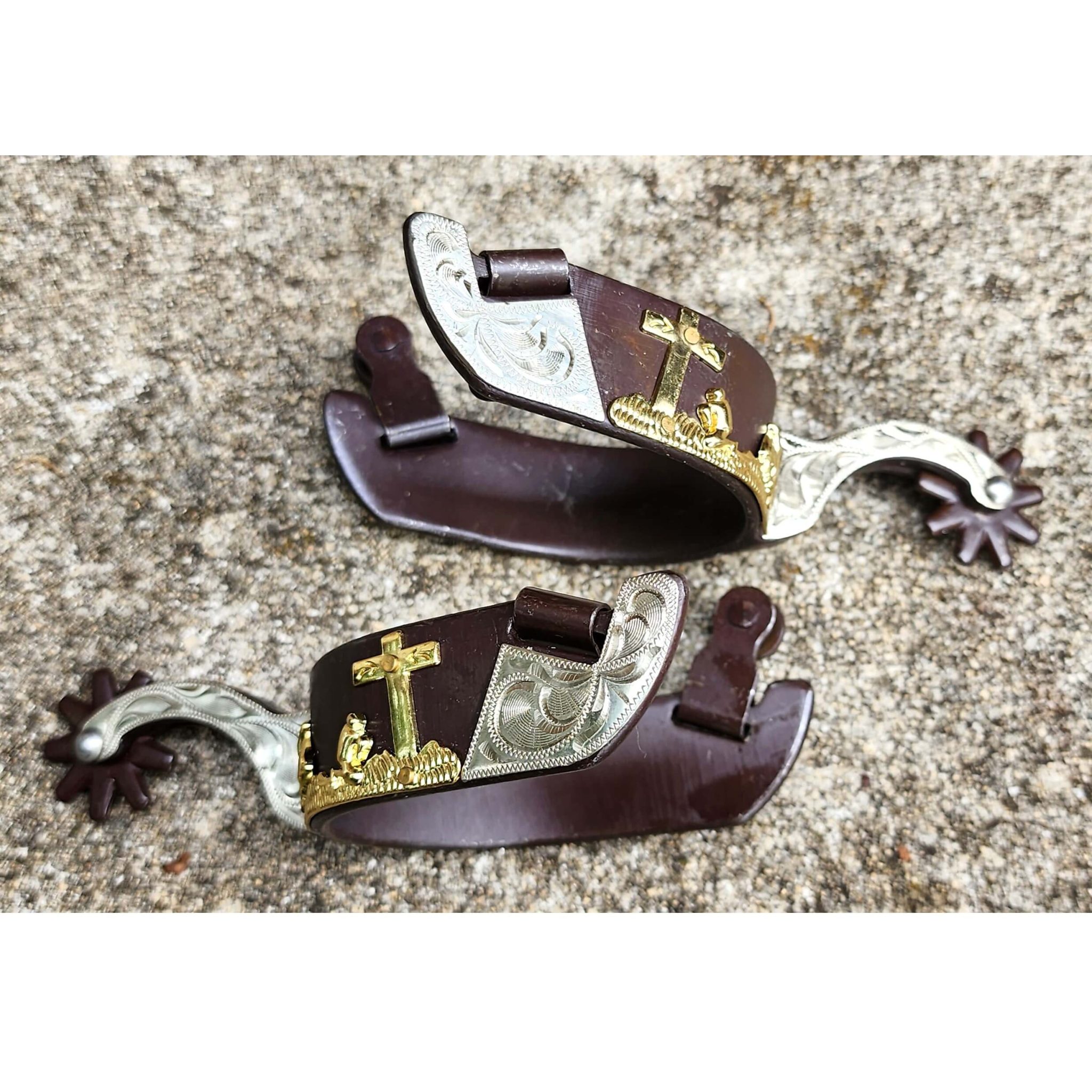 New Men's Brown Steel Spurs with Gold Praying cowboy w/Horse ⋆ Saddles ...