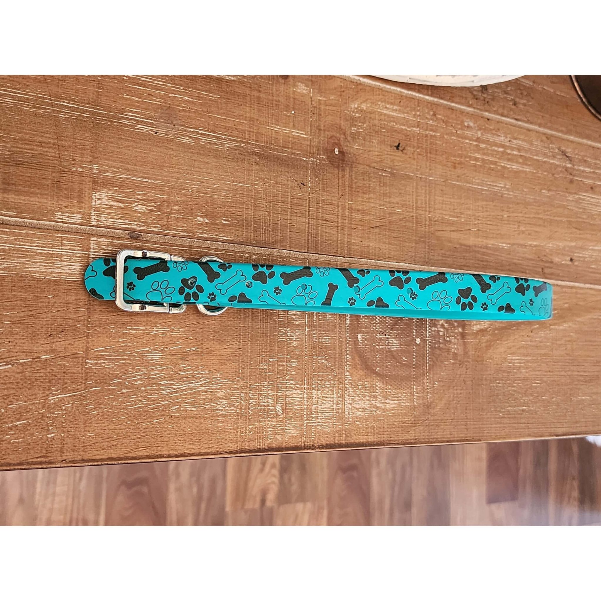 Teal Biothane Dog Collar with Paws & Dog Bone ⋆ Saddles N Such | SMC