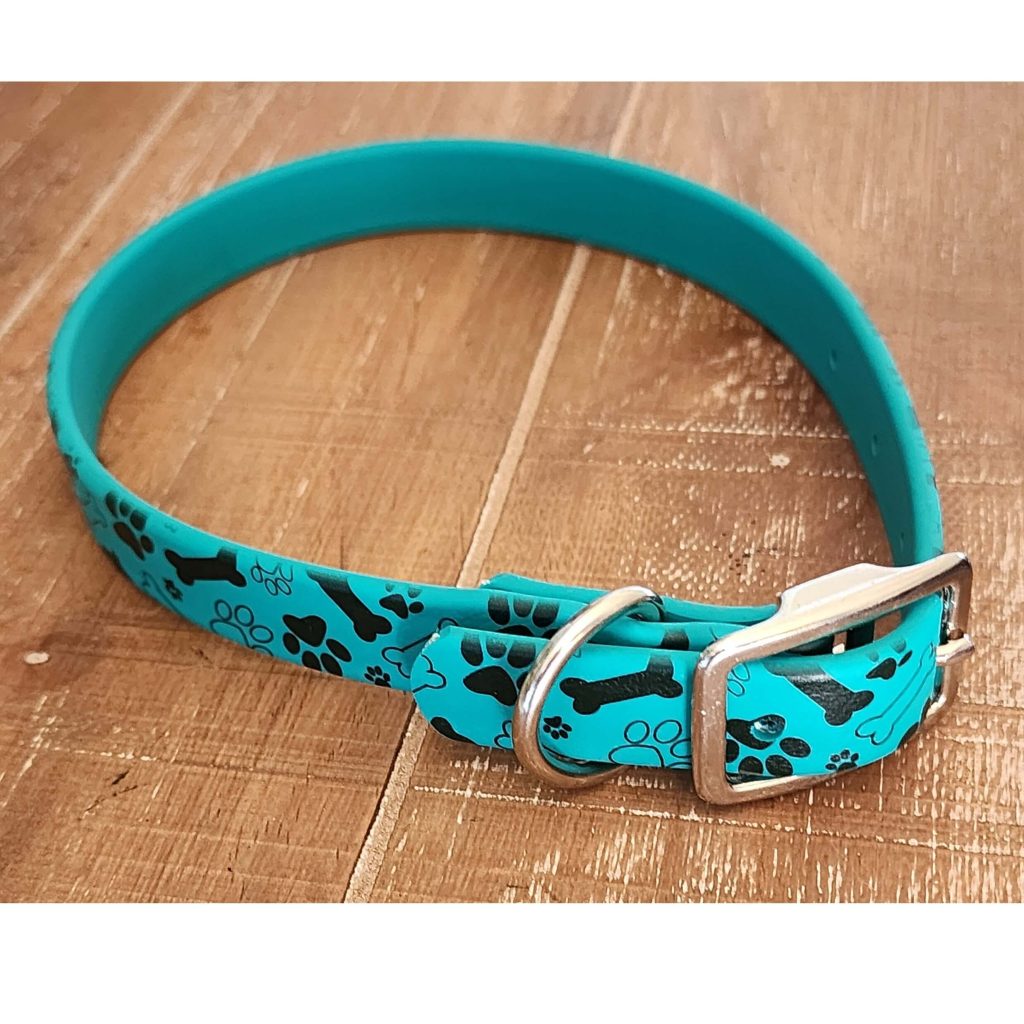 Teal Biothane Dog Collar with Paws & Dog Bone ⋆ Saddles N Such | SMC